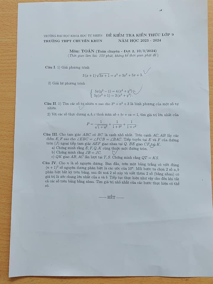 ĐỀ KIỂM TRA KIẾN THỨC LỚP 9 MÔN TOÁN CHUYÊN TRƯỜNG THPT CHUYÊN KHTN NĂM HỌC 2023 2024